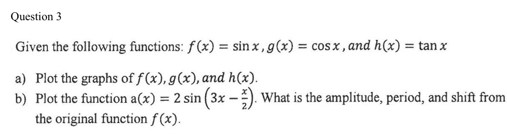 Solved Question 3 Given the following functions: f(x) = sin | Chegg.com