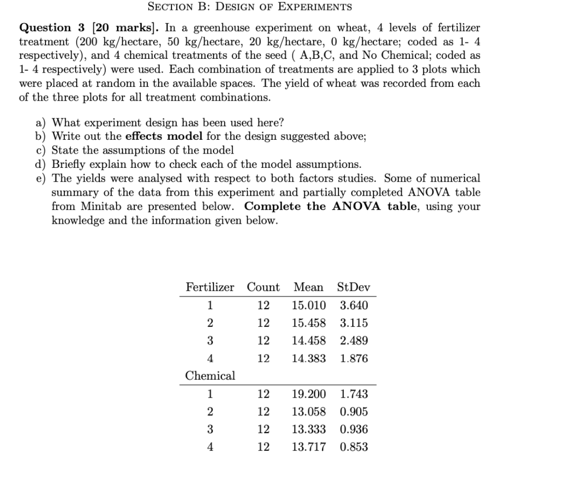 SECTION B: DESIGN OF EXPERIMENTS Question 3 [20 | Chegg.com