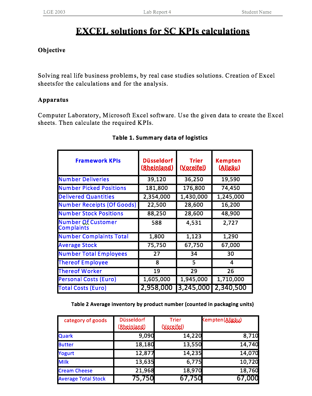 LGE 2003 Lab Report 4 Student Name EXCEL solutions | Chegg.com
