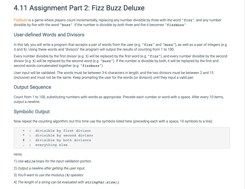 Solved 4.11 Assignment Part 2: Fizz Buzz Deluxe Fizzbuzz is | Chegg.com