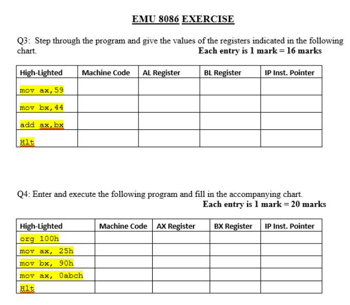 EMU 8086 EXERCISE Q3: Step through the program and | Chegg.com