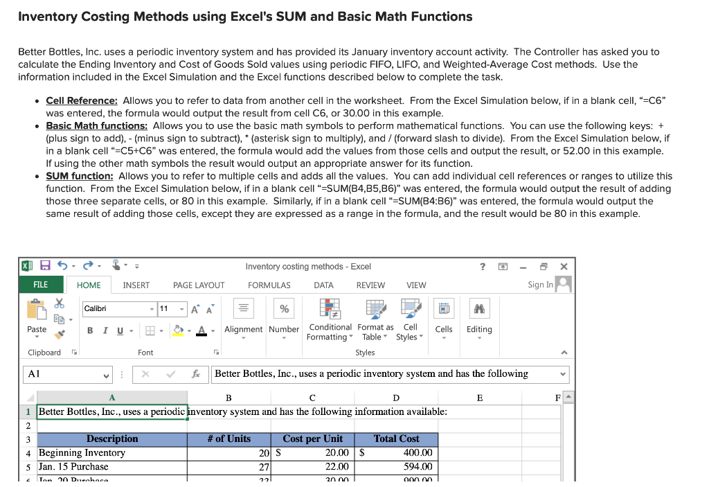 Solved Inventory Costing Methods using Excel's SUM and Basic | Chegg.com