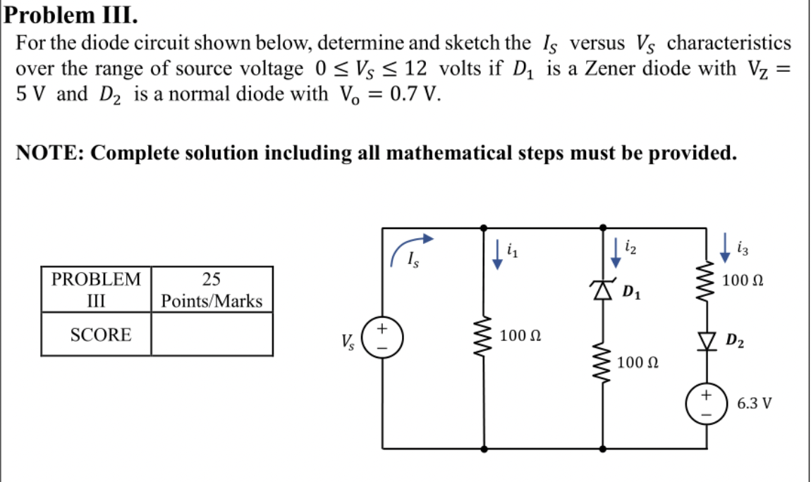 Solved Problem III. For the diode circuit shown below, | Chegg.com