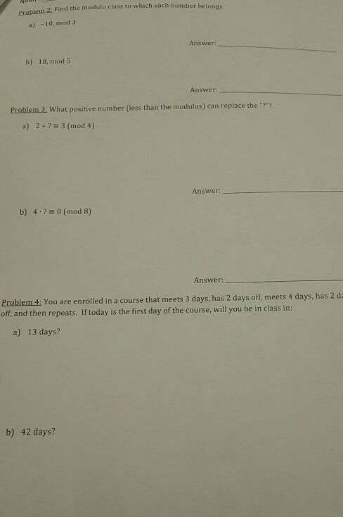 Solved 2; Find the modulo class to which each number | Chegg.com