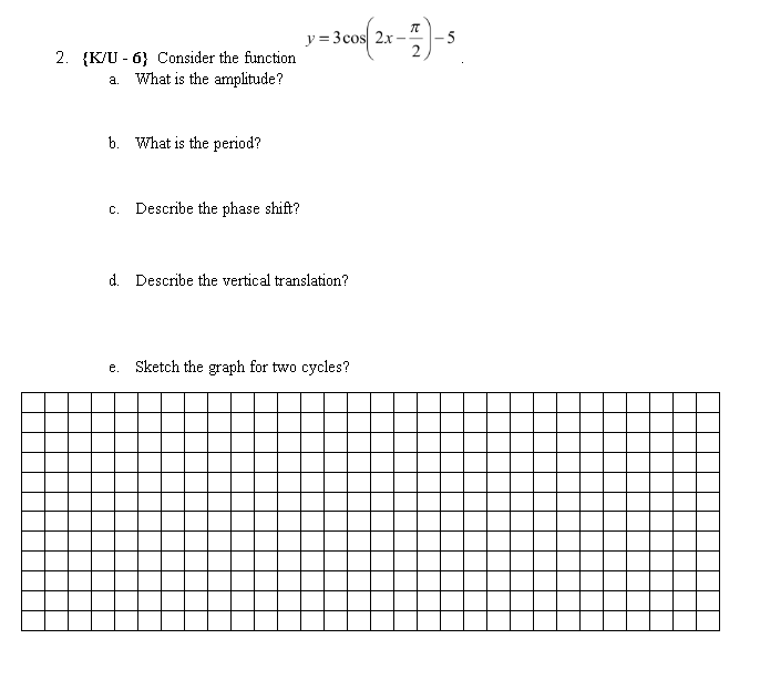 Solved 2. {K/U−6} Consider the function y=3cos(2x−2π)−5 a. | Chegg.com
