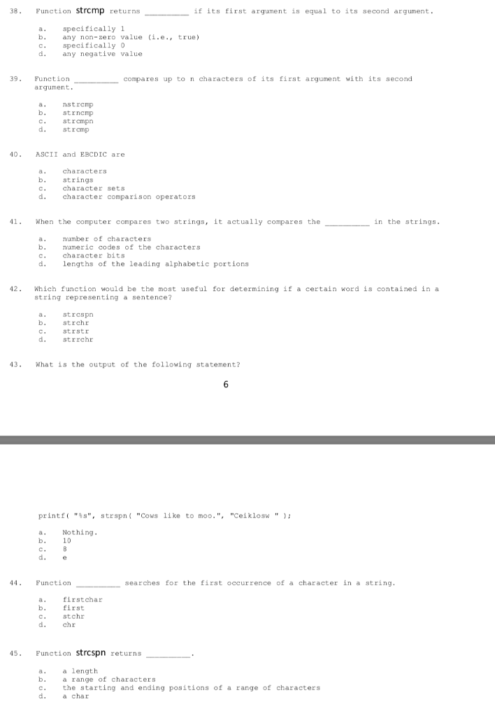 Solved 38 Function Strcmp Returns If Its First Argument Is