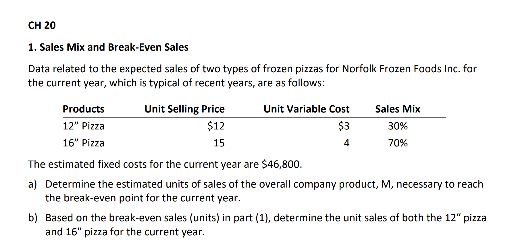 Solved 1. Sales Mix and Break-Even Sales Data related to the | Chegg.com