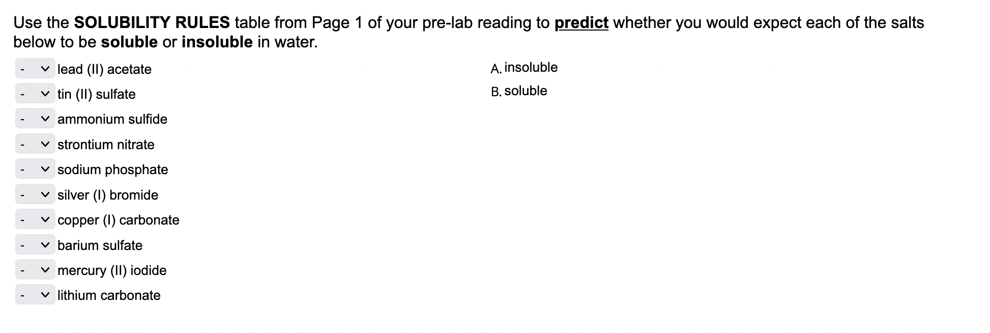 Solved Use the SOLUBILITY RULES table from Page 1 of your | Chegg.com