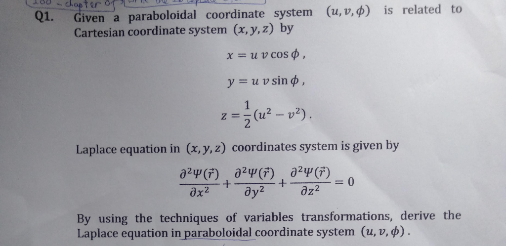 Solved Given a paraboloidal coordinate system (u, v | Chegg.com