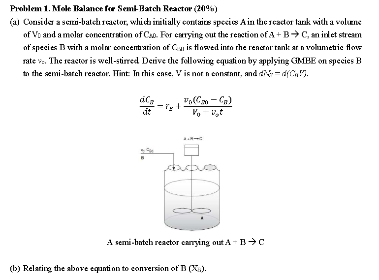 Solved Problem 1. Mole Balance for Semi-Batch Reactor (20%) | Chegg.com