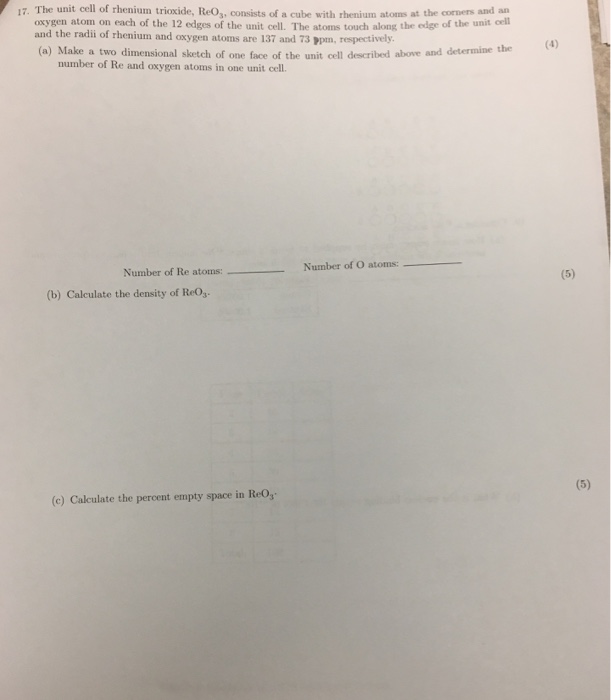Solved 17. The unit cell of rhenium trioxide, ReO, consists | Chegg.com