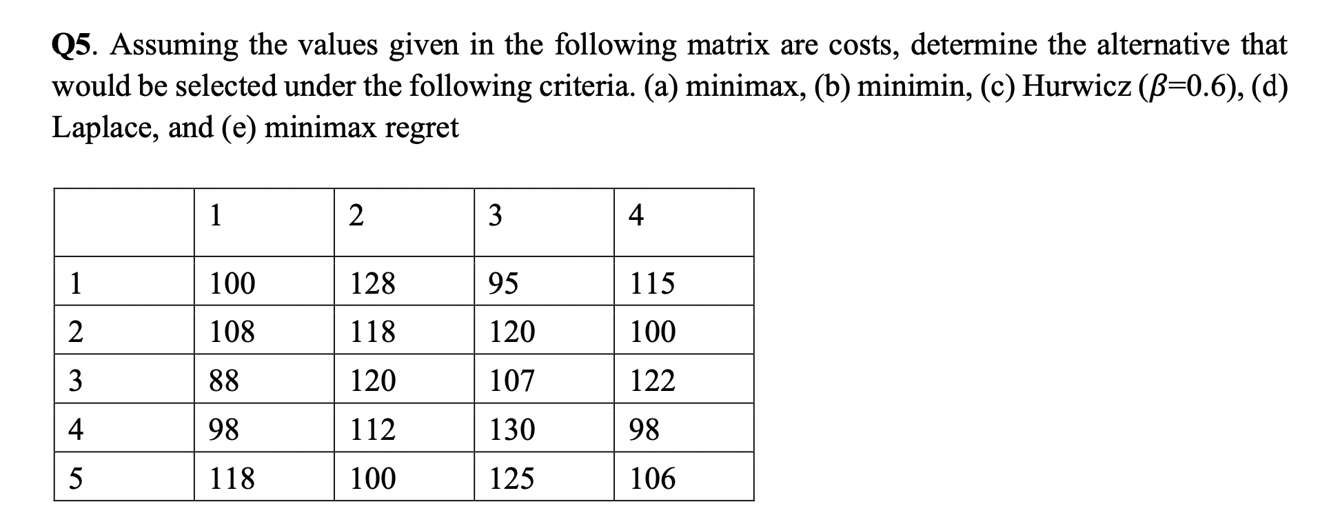 Solved Q5. Assuming the values given in the following matrix | Chegg.com
