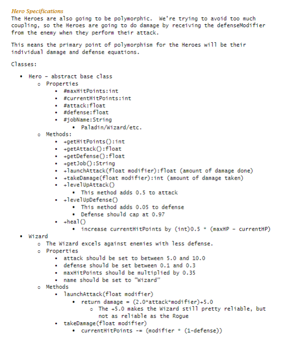 Solved Specifications: Part 1 - Enemy and Hero classes | Chegg.com