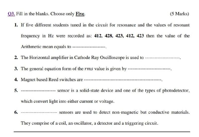 Solved Q3. Fill in the blanks. Choose only Five. (5 Marks) | Chegg.com