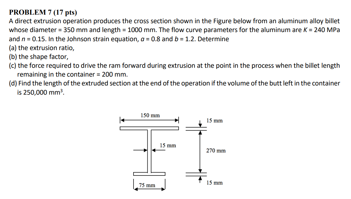 Solved PROBLEM 7 (17 pts) A direct extrusion operation | Chegg.com