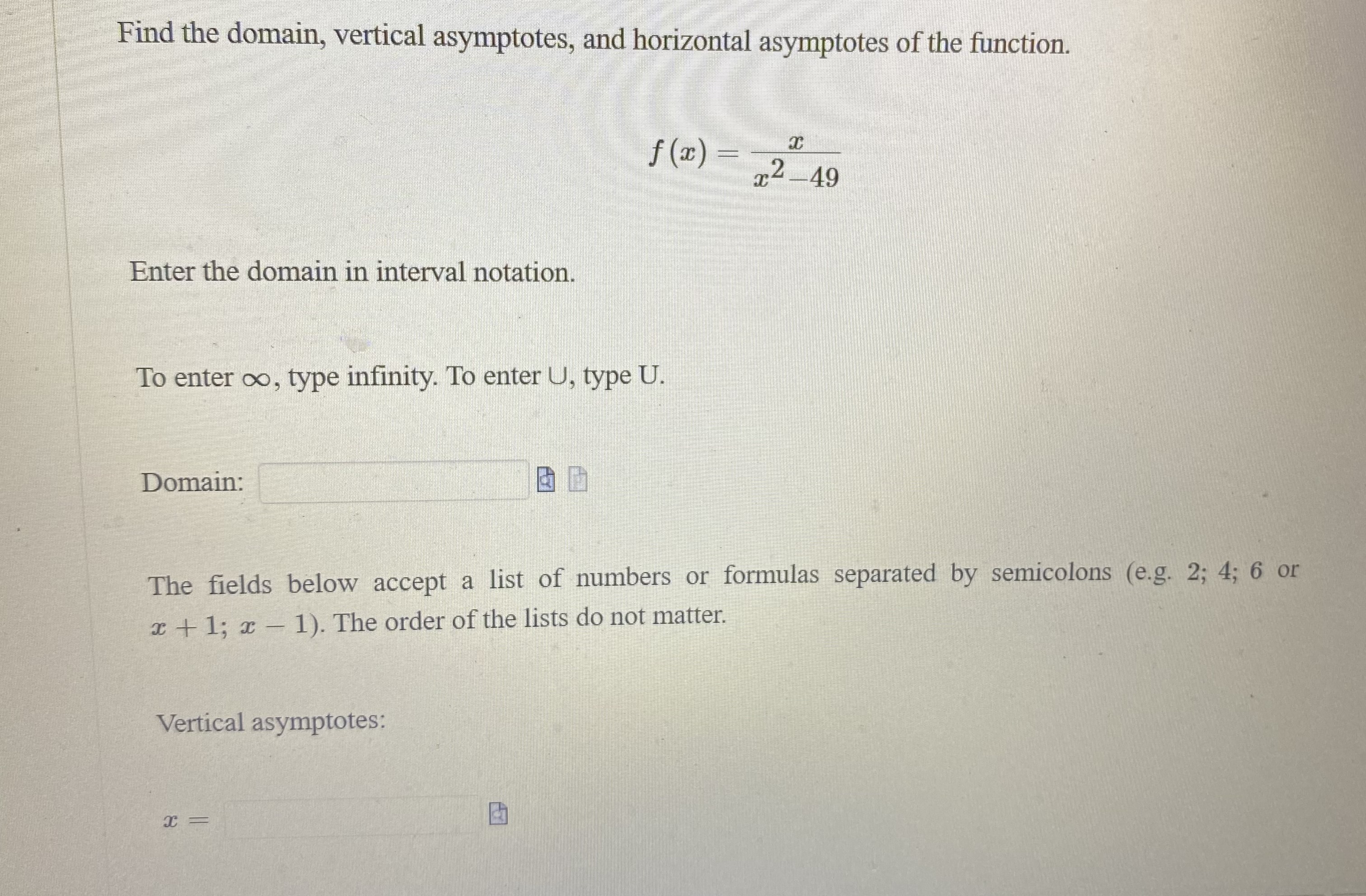Solved Find the domain, vertical asymptotes, and horizontal | Chegg.com