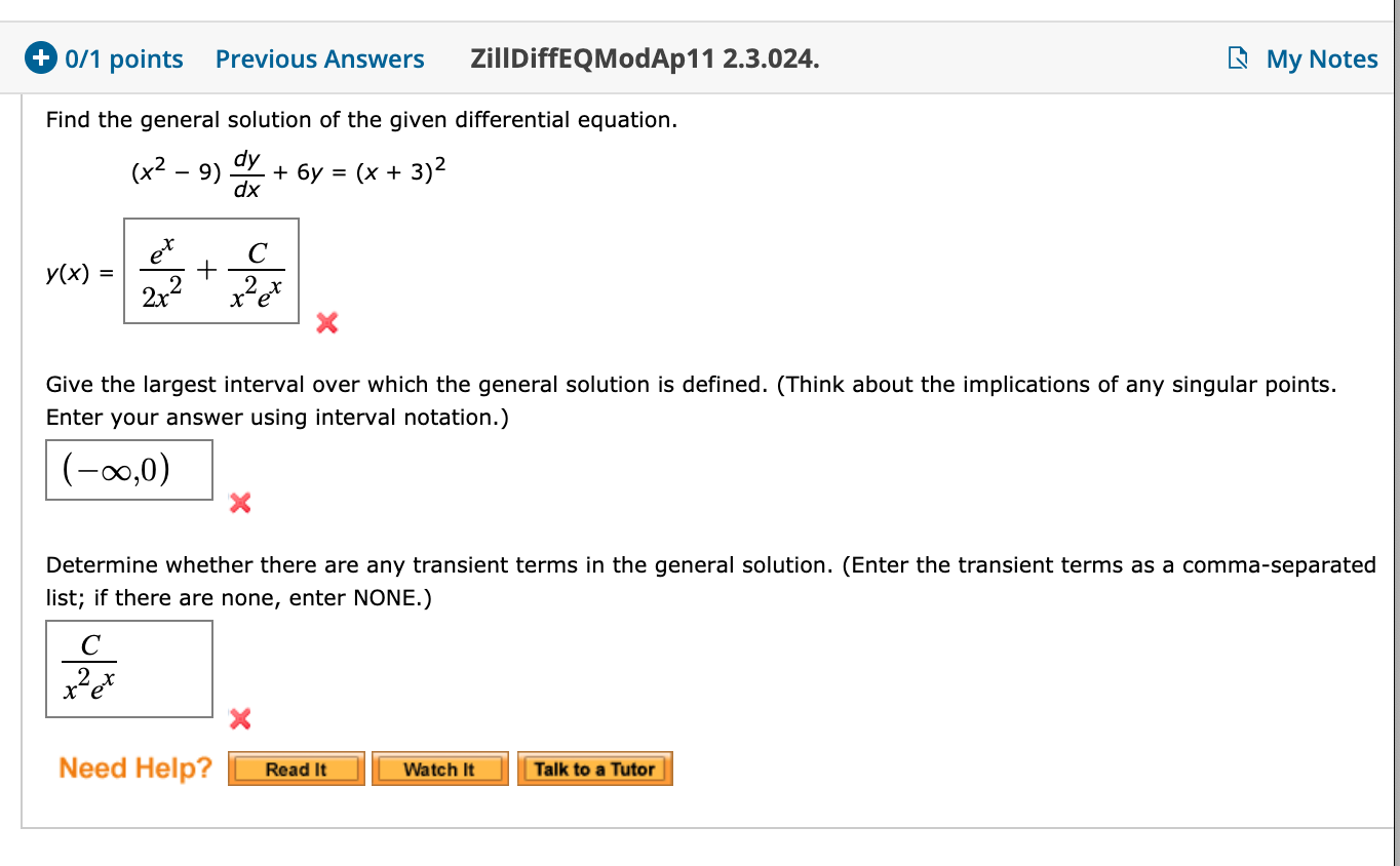 Solved + 0/1 points Previous Answers ZillDiffEQModAp11 | Chegg.com