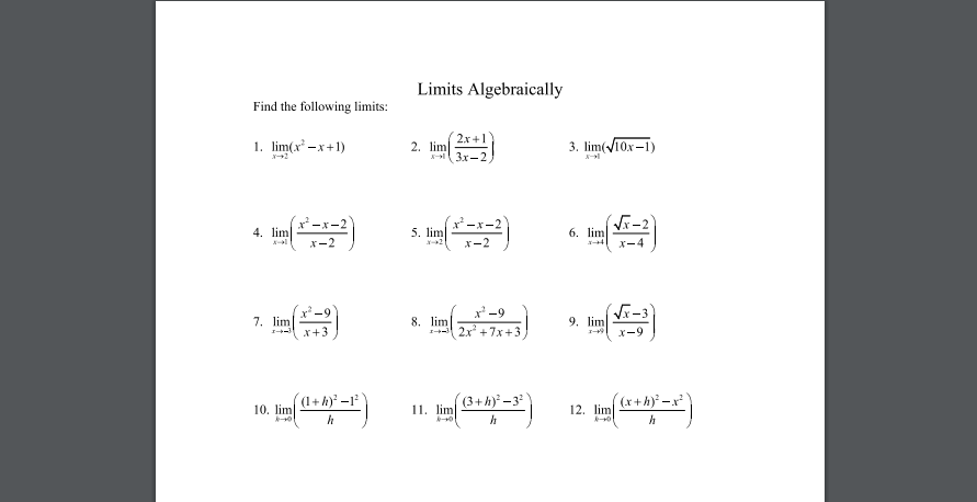 Solved Limits Algebraically Find the following limits: 1. | Chegg.com
