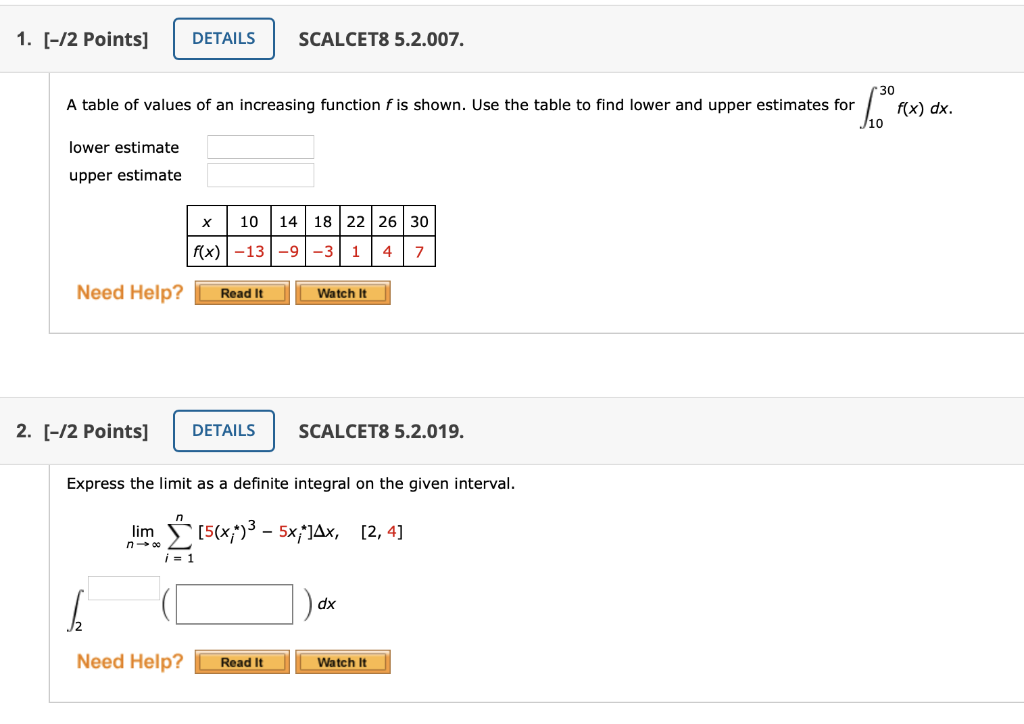 Solved 1. [-/2 points) DETAILS SCALCET8 5.2.007. A table of | Chegg.com