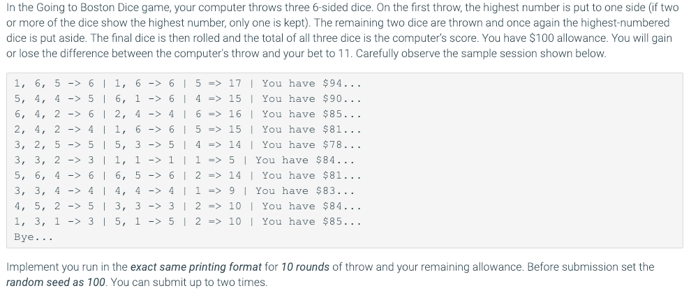 n the Going to Boston Dice game, your computer throws | Chegg.com
