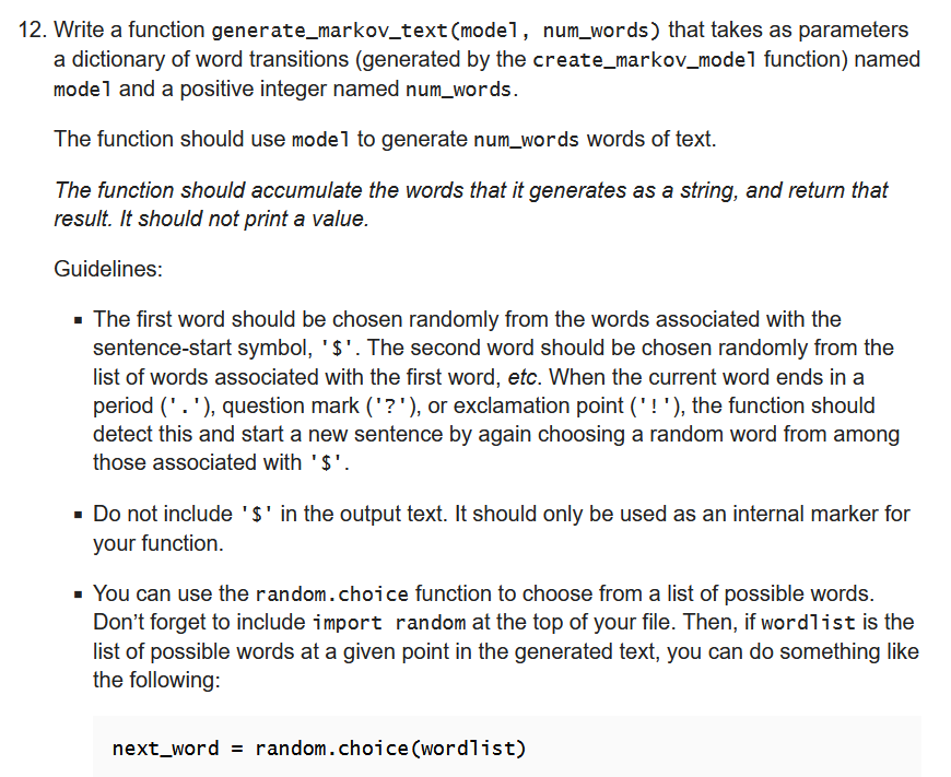 Write a function generate_markov_text (mode1, | Chegg.com