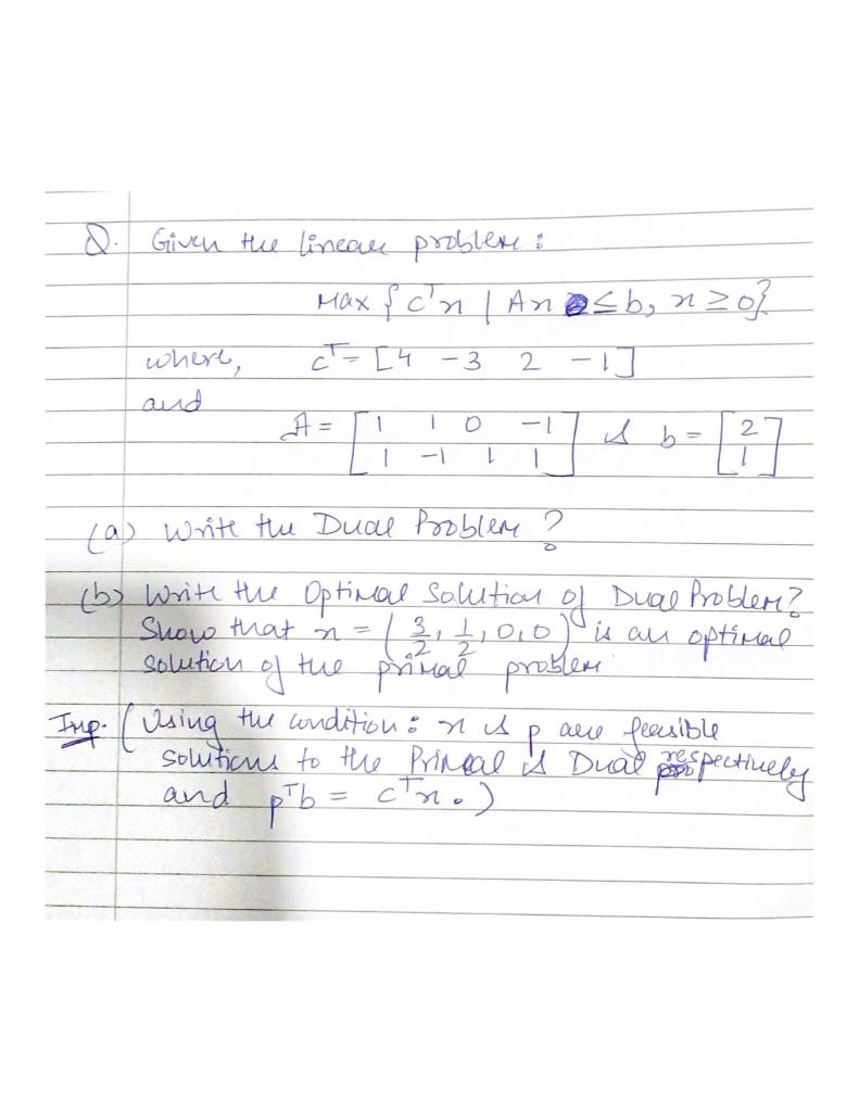 Solved Given the linear problem: 1. Write the dual | Chegg.com