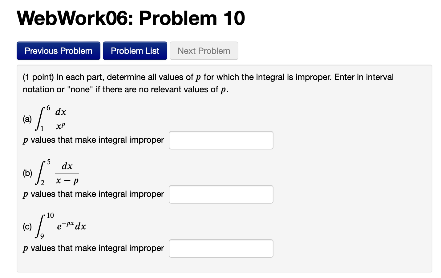 Solved (1 point) In each part, determine all values of p for | Chegg.com
