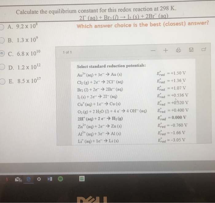 Solved Calculate the equilibrium constant for this redox | Chegg.com