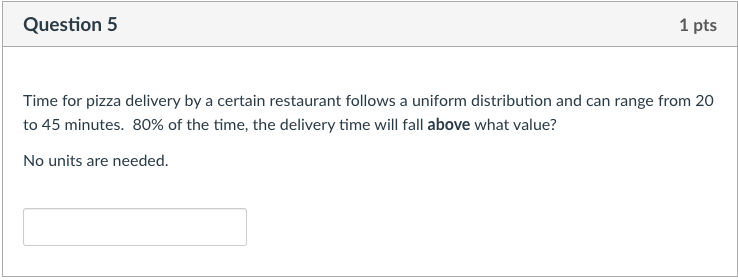Solved Question 5 1 pts Time for pizza delivery by a certain | Chegg.com