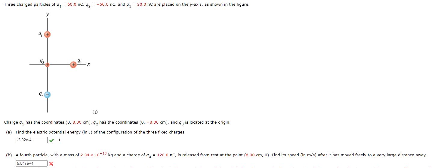 Solved Three charged particles of q1=60.0nC,q2=−60.0nC, and | Chegg.com