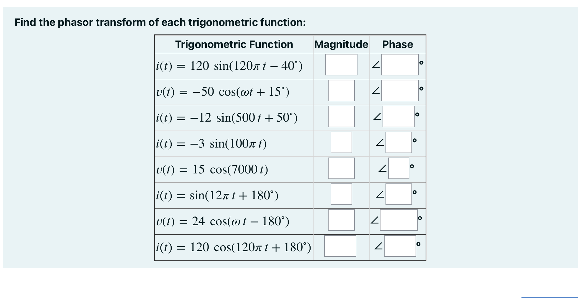 Solved Find the phasor transform of each trigonometric | Chegg.com