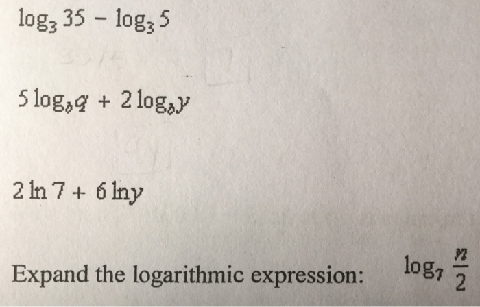 Solved log3 35 - log3 5 5log,q + 2 log,y 2 In 7 óIny Expand | Chegg.com
