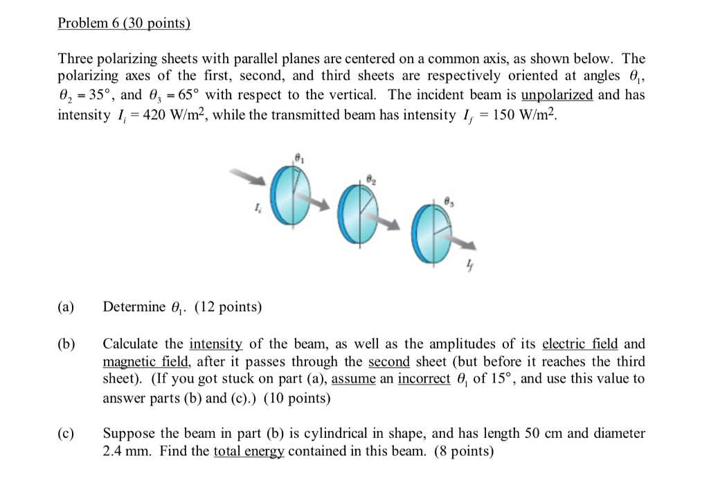 Solved Problem 6 (30 points) Three polarizing sheets with | Chegg.com