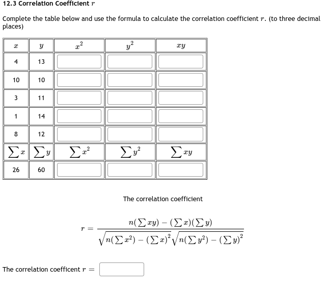 Solved 12.3 Correlation Coefficient Complete the table below | Chegg.com
