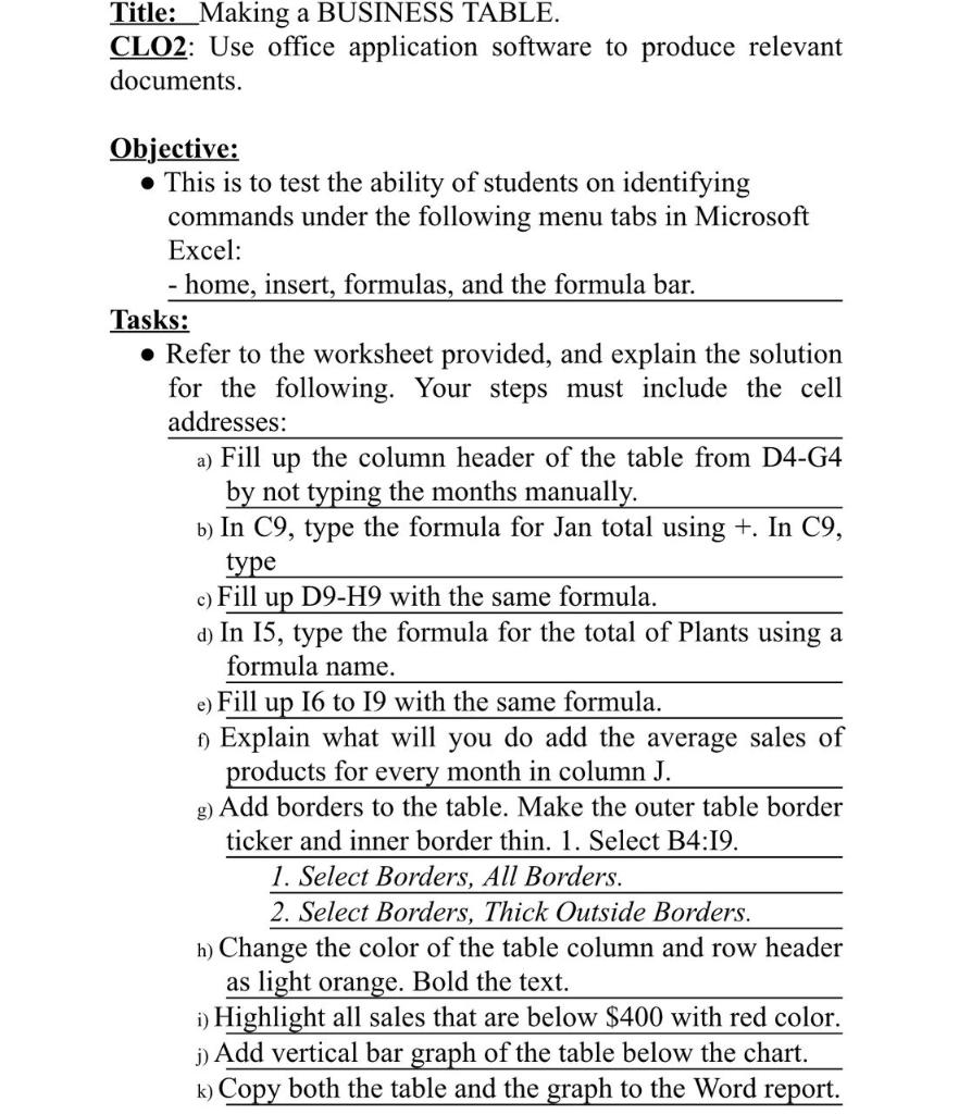 Solved Title: Making a BUSINESS TABLE. CLO2: Use office | Chegg.com