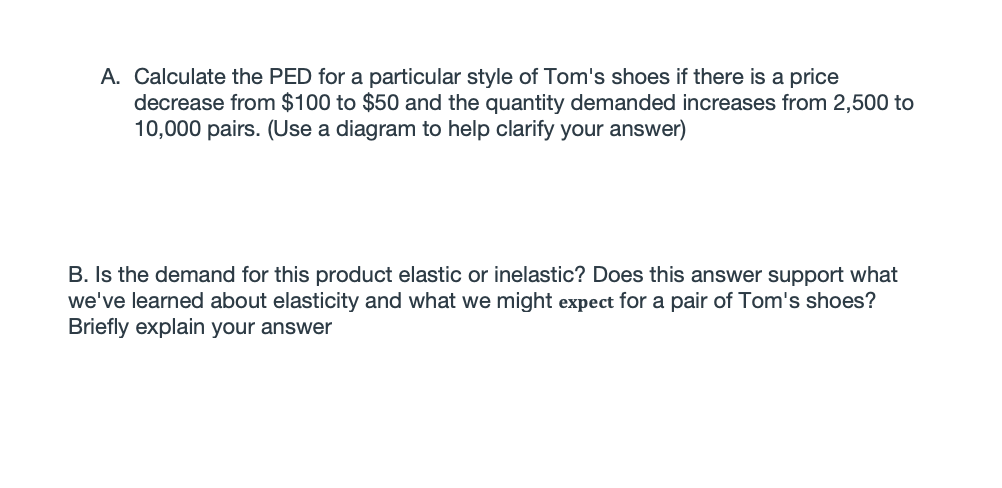 Solved A. Calculate the PED for a particular style of Tom's | Chegg.com
