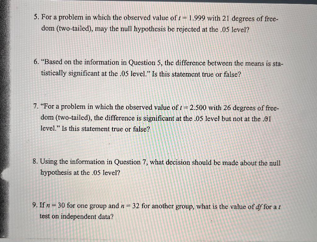 Solved 5. For a problem in which the observed value of t = | Chegg.com