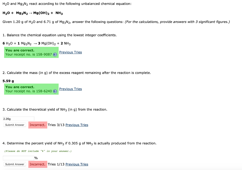 Solved H20 and Mg3N2 react according to the following | Chegg.com
