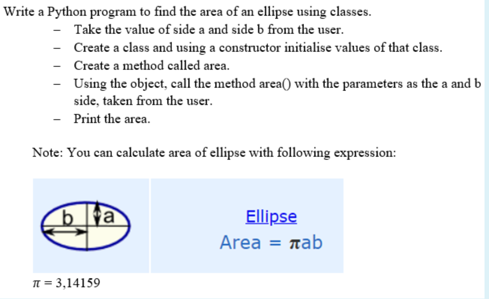 Solved Write a Python program to find the area of an ellipse | Chegg.com