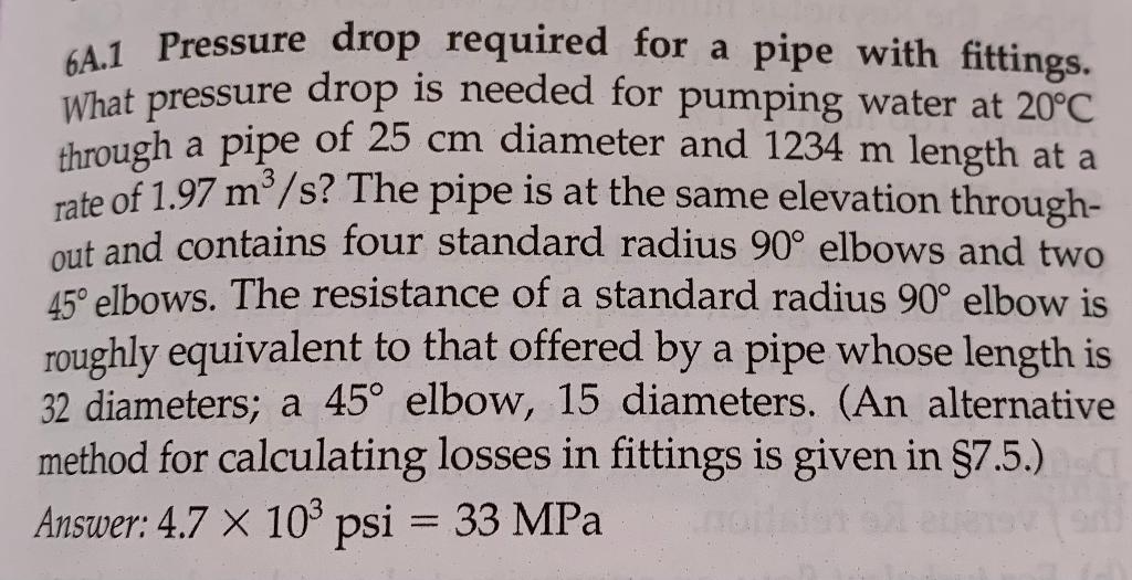 Solved 6A.1 Pressure drop required for a pipe with fittings. | Chegg.com