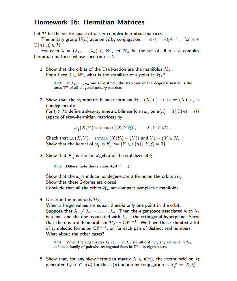 Solved Homework 16: Hermitian Matrices Let H be the vector | Chegg.com