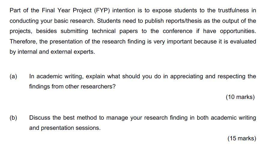 Solved Part of the Final Year Project (FYP) intention is to | Chegg.com
