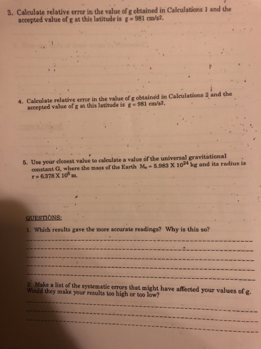 Solved 3. Calculate relative error in the value of g | Chegg.com