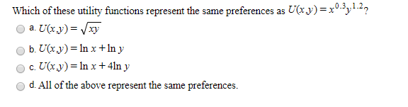 Solved 1 of these utility functions represent the same | Chegg.com