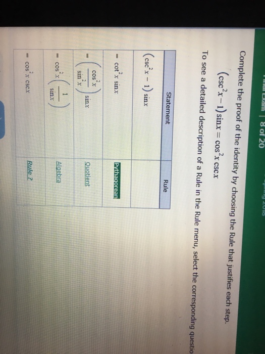 Solved hal Eram 8 of 20 Complete the proof of the identity | Chegg.com