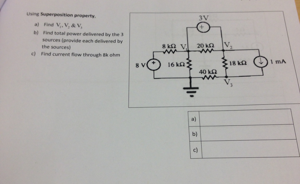 Solved Using Superposition property 3V a) Find V, V, & V, b) | Chegg.com