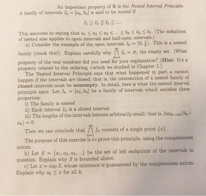 Solved An important property of R is the Nested Interval | Chegg.com