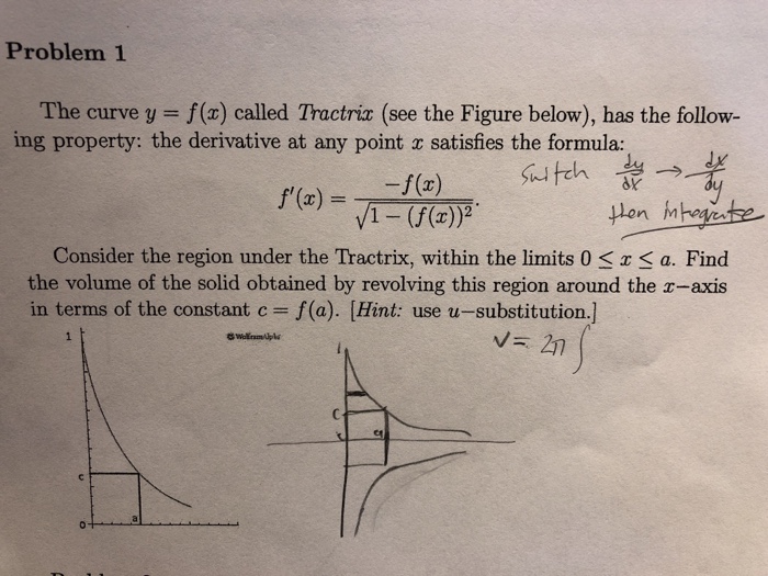 Solved Problem 1 The curve y = f(x) called Tractrix (see the | Chegg.com