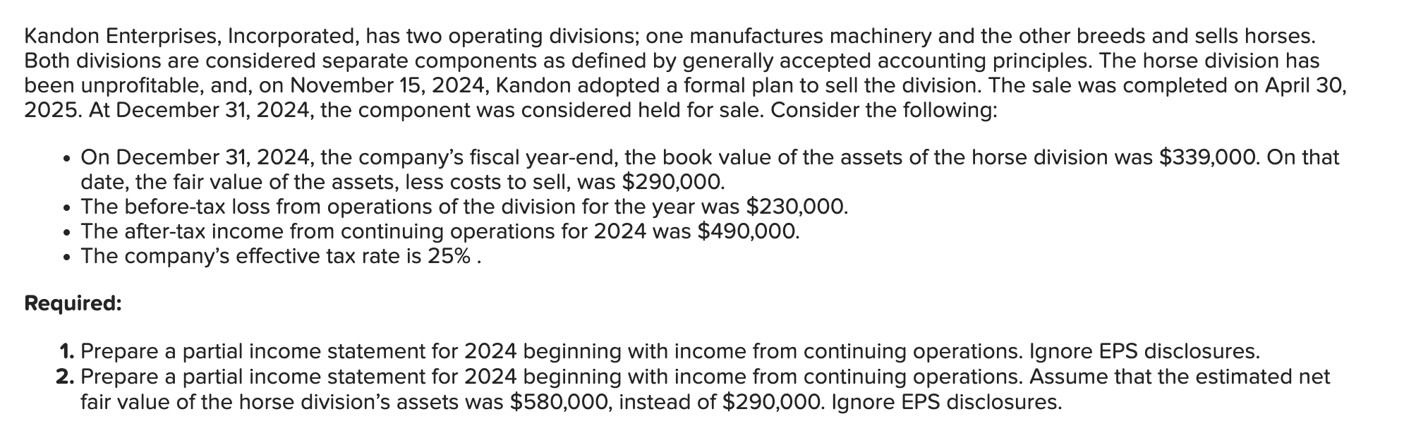 Solved Prepare a partial income statement for 2024 beginning | Chegg.com