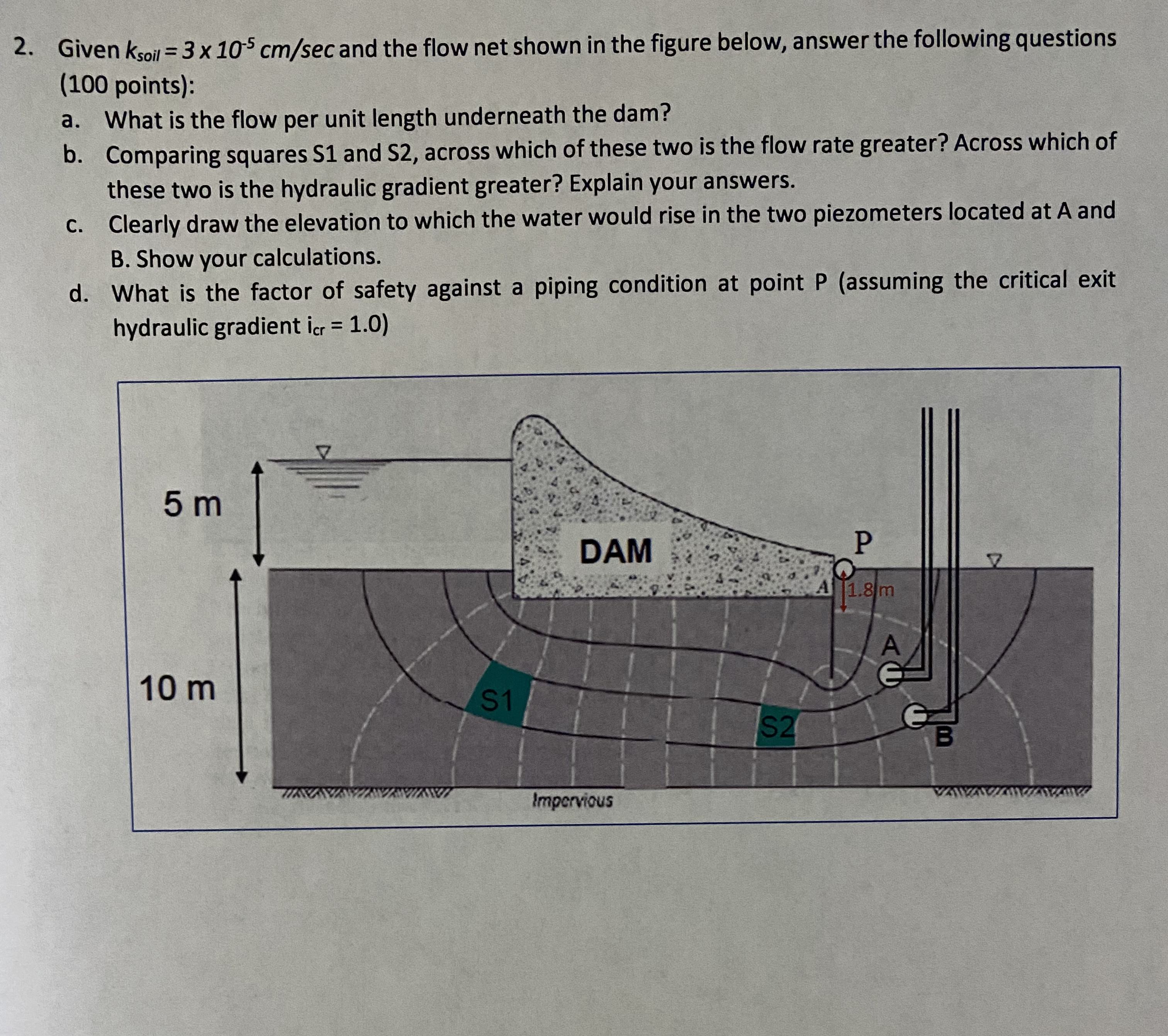 Solved 2. Given ksoil =3×10−5 cm/sec and the flow net shown | Chegg.com